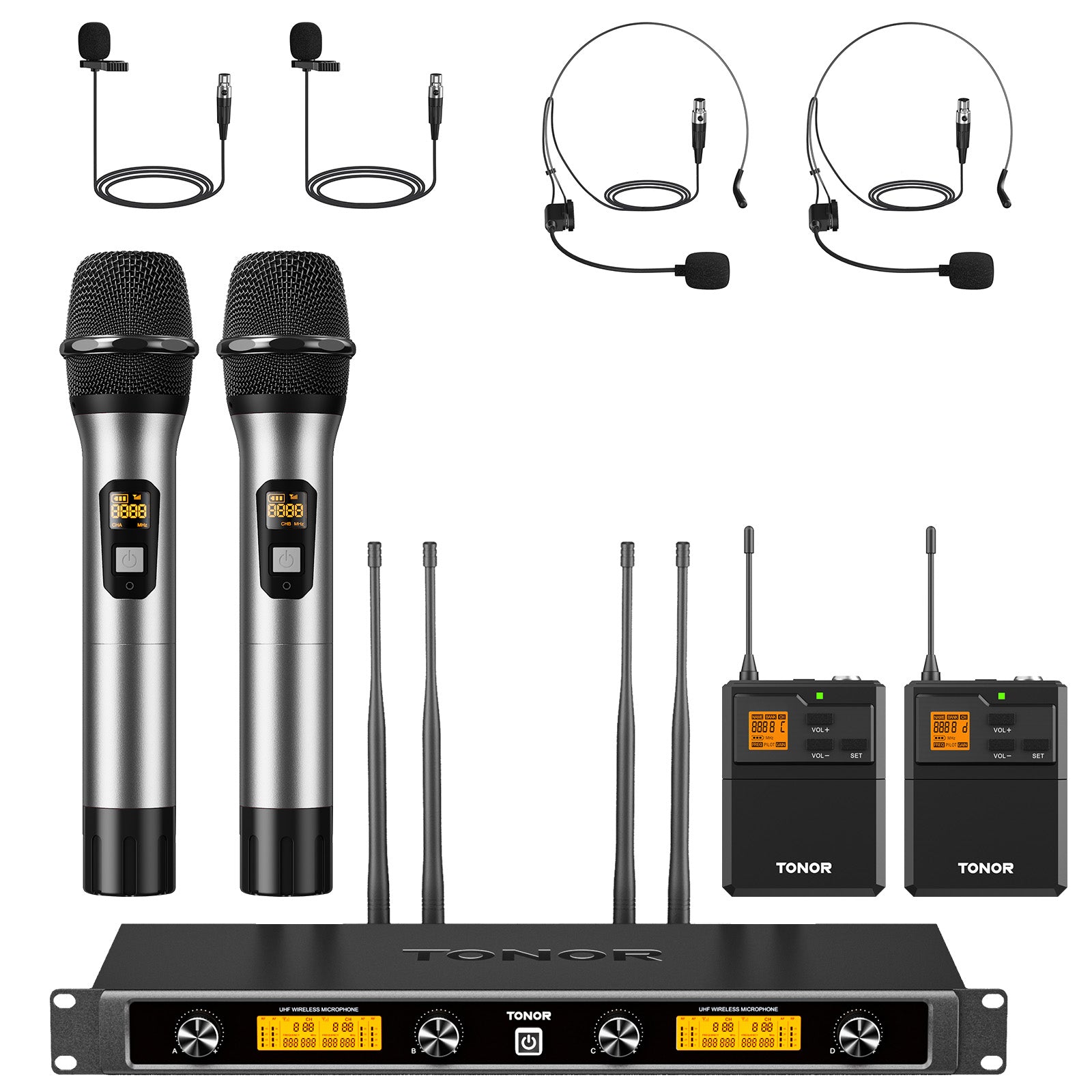 TW842 UHF Wireless Microphones System with Metal Cordless Handheld/Headset/Lavalier Lapel Mics ...