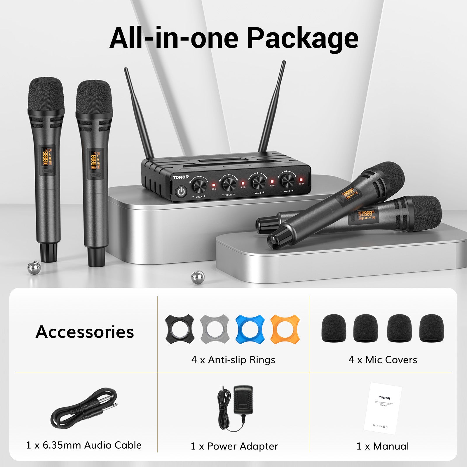 TW360 Wireless Microphone System with 4x10 Channel Cordless Handheld ...