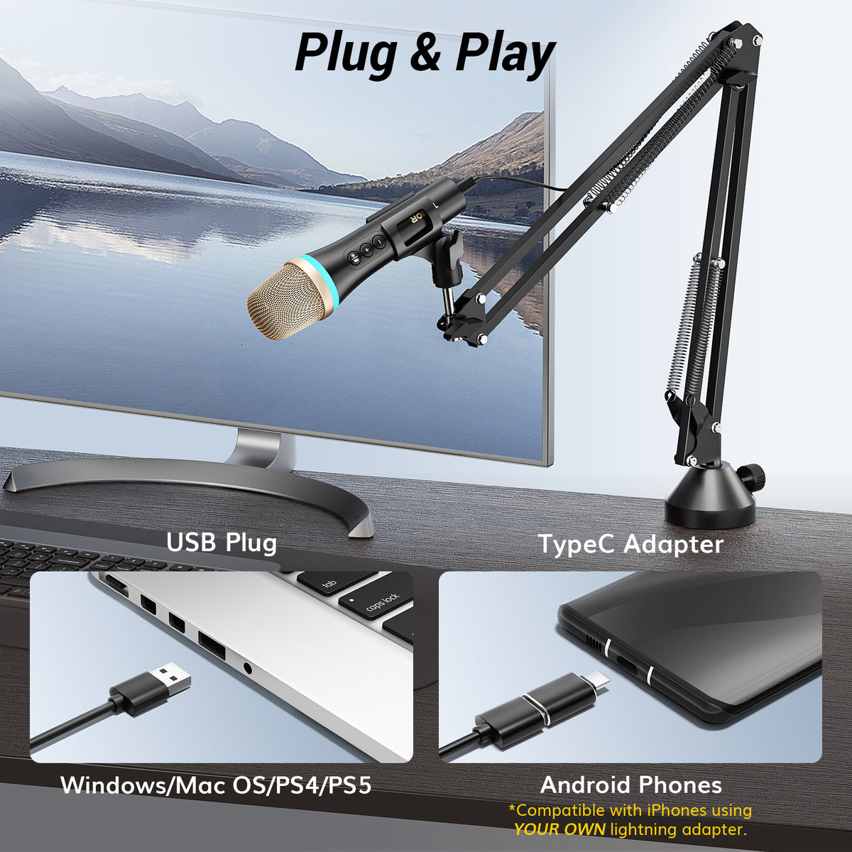 TD310+ USB Dynamic Microphone for Podcast Gaming Microphone with Quick ...